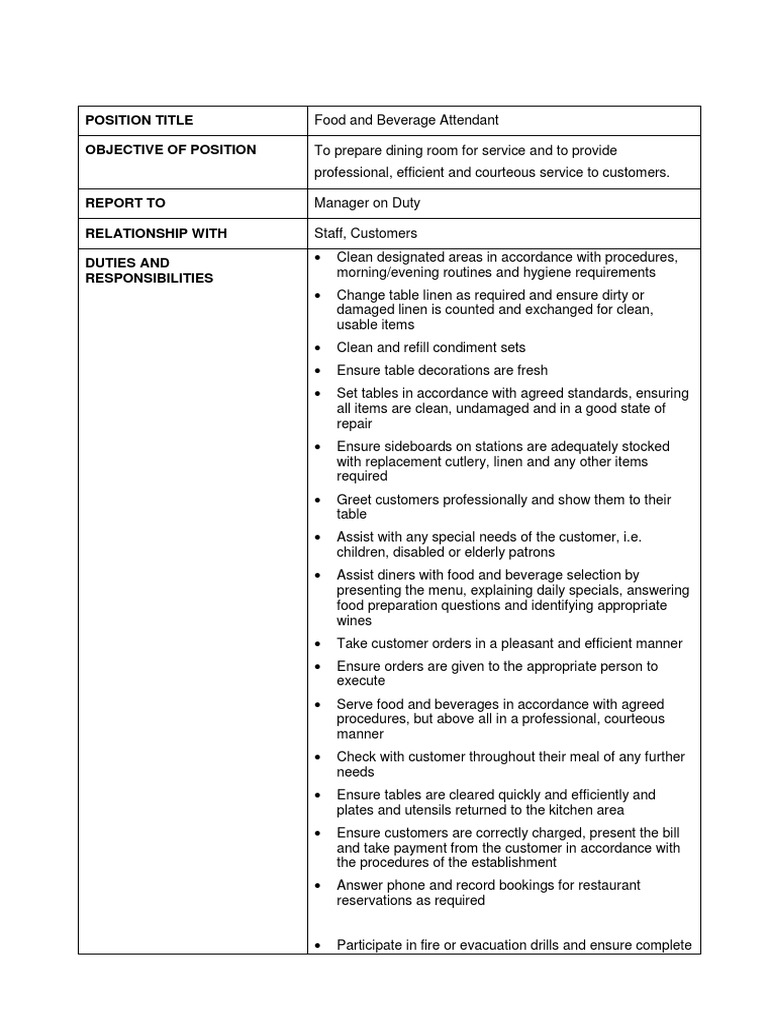 Job Description QJ11791 | PDF | Foodservice | Restaurants