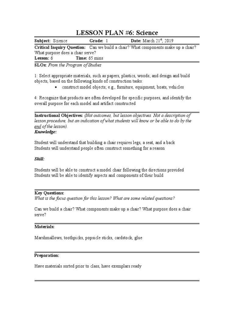 Grade 1 Science Lesson 6 | PDF | Chair | Lesson Plan