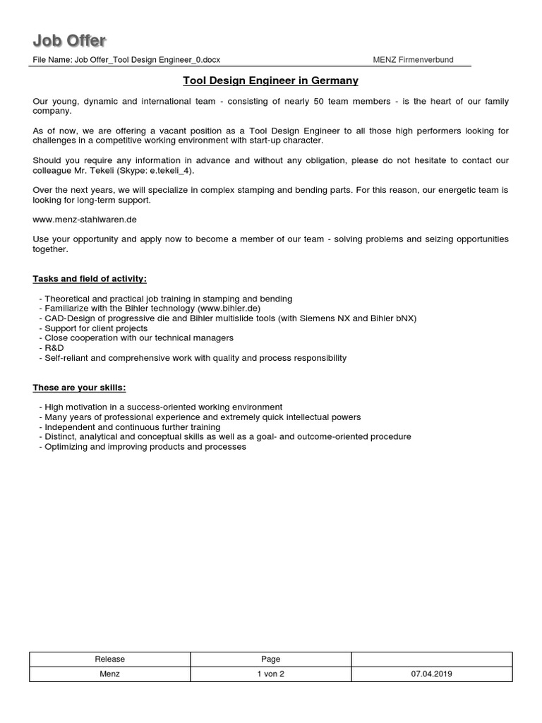 Job Offer - Tool Design Engineer - 0 | PDF | Business | Psychological ...