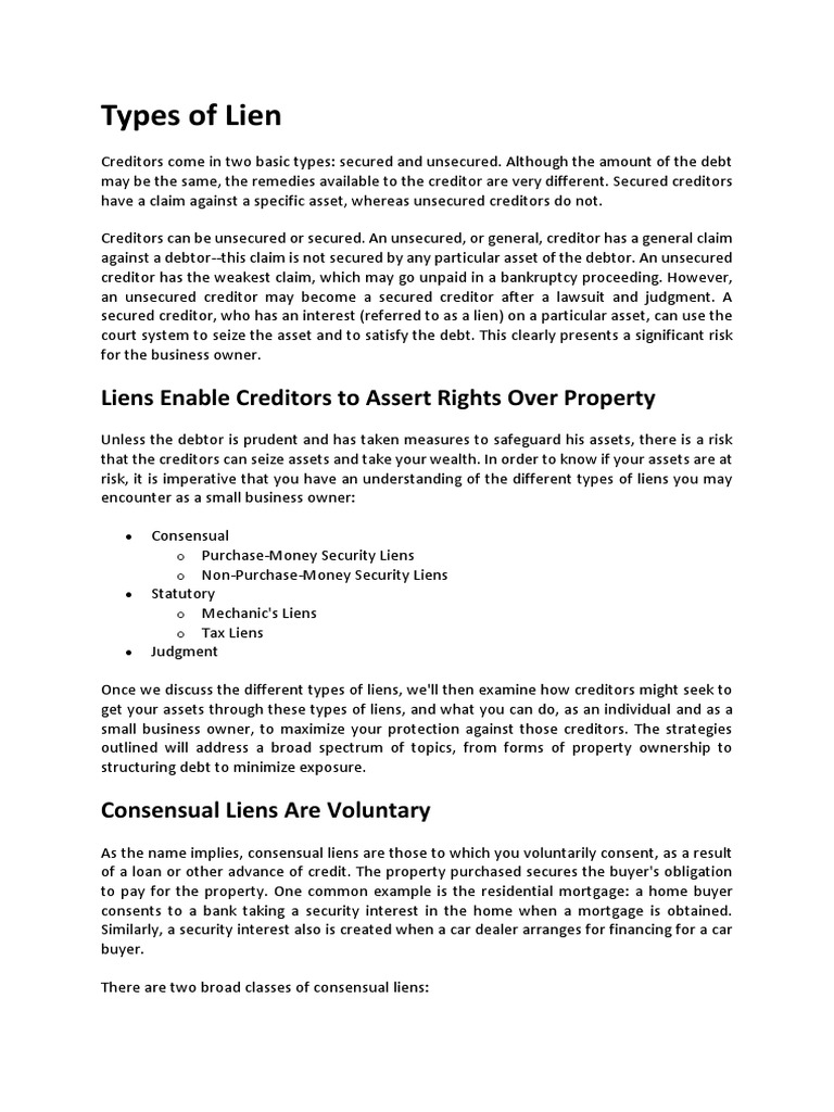 Types of Lien: Liens Enable Creditors to Assert Rights Over Property ...