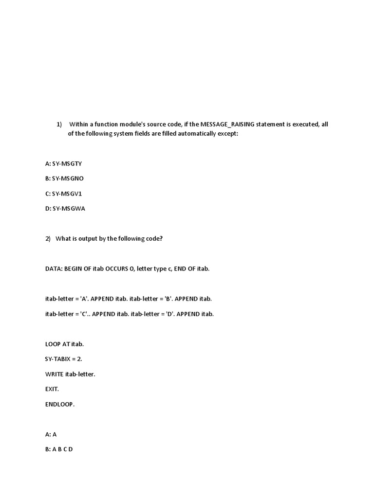 Abap Quetions | PDF | C (Programming Language) | Subroutine