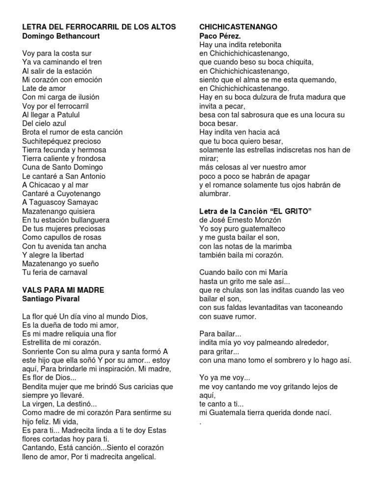 5 Canciones Guatemaltecas Letra | PDF | Ocio