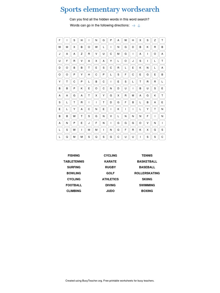 Sports Elementary Wordsearch PDF | PDF | Word Search | Recreation
