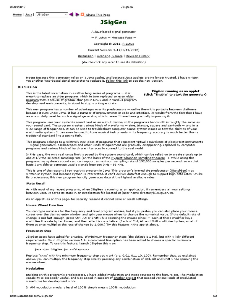 JSig Gen | PDF | Frequency Modulation | Sampling (Signal Processing)