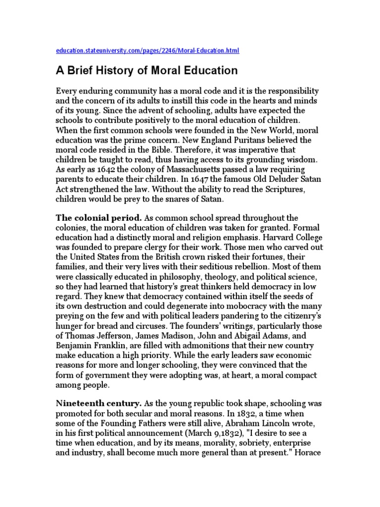 A Brief History of Moral Education: The Colonial Period. As Common ...