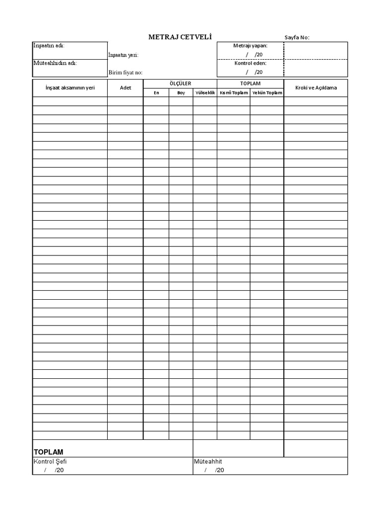 Metraj Cetveli: Sayfa No: İnşaatın adı: Müteahhidin adı