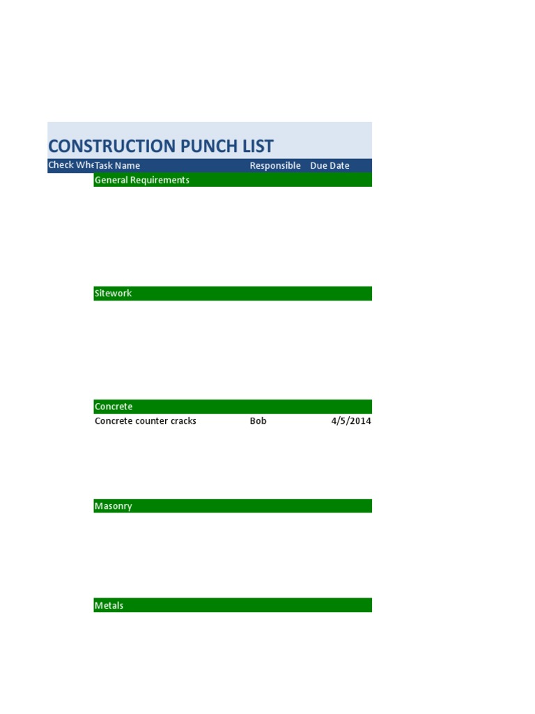 Construction Punch List: Check When Task Name Responsible Due Date ...