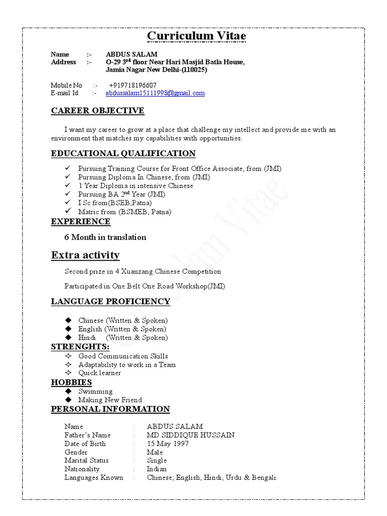 Curriculum Vitae: Extra Activity | PDF