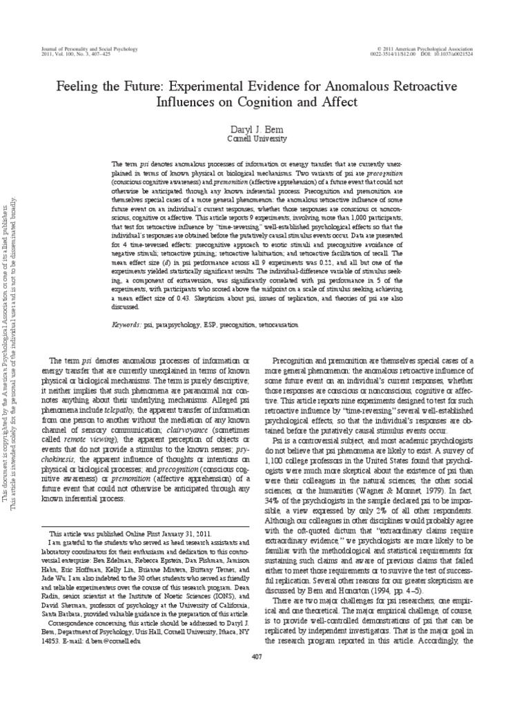 Feeling The Future: Experimental Evidence For Anomalous Retroactive ...