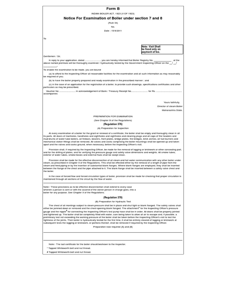 Form B Notice For Examination of Boiler Under Section 7 and 8 | PDF ...