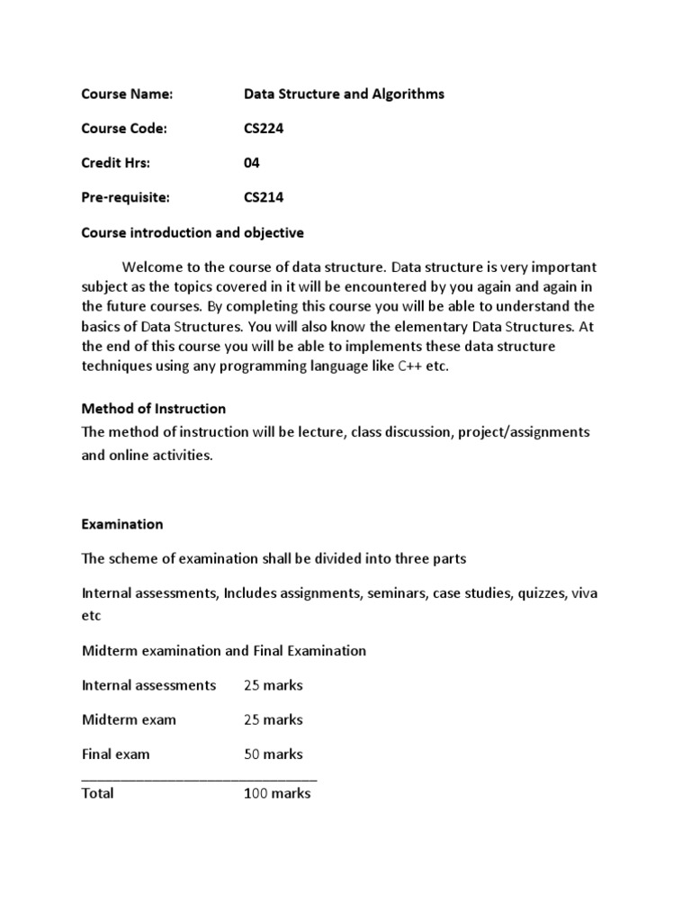 Course Name: Data Structure and Algorithms Course Code: CS224 Credit HRS: 04 Pre-Requisite ...