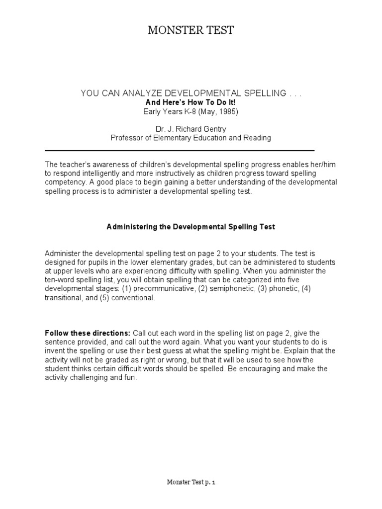 Monster Spelling Test | PDF | Orthography | Linguistics