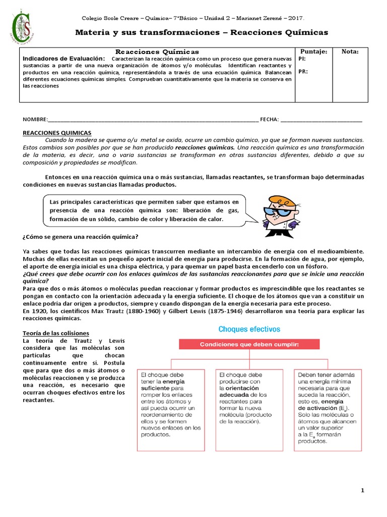 Guia 7° Básico Reacciones Químicas y Ley de Conservacion de La Masa ...