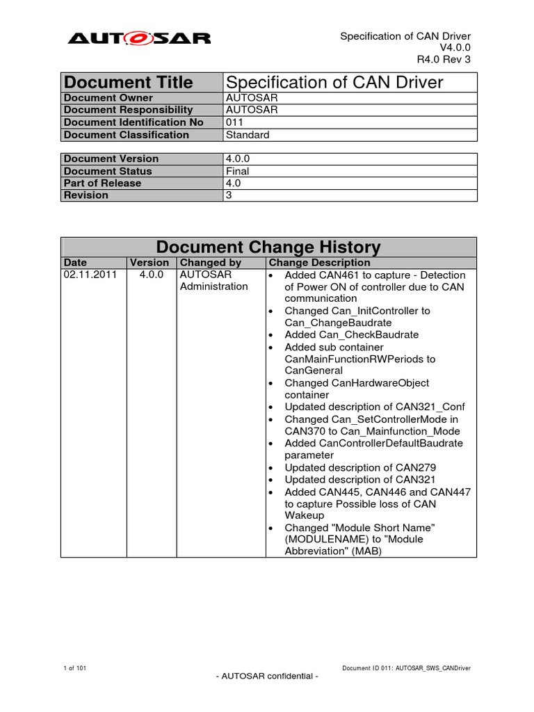 AUTOSAR Specification of CAN Driver Ver 4.0.0 PDF | PDF | Specification ...
