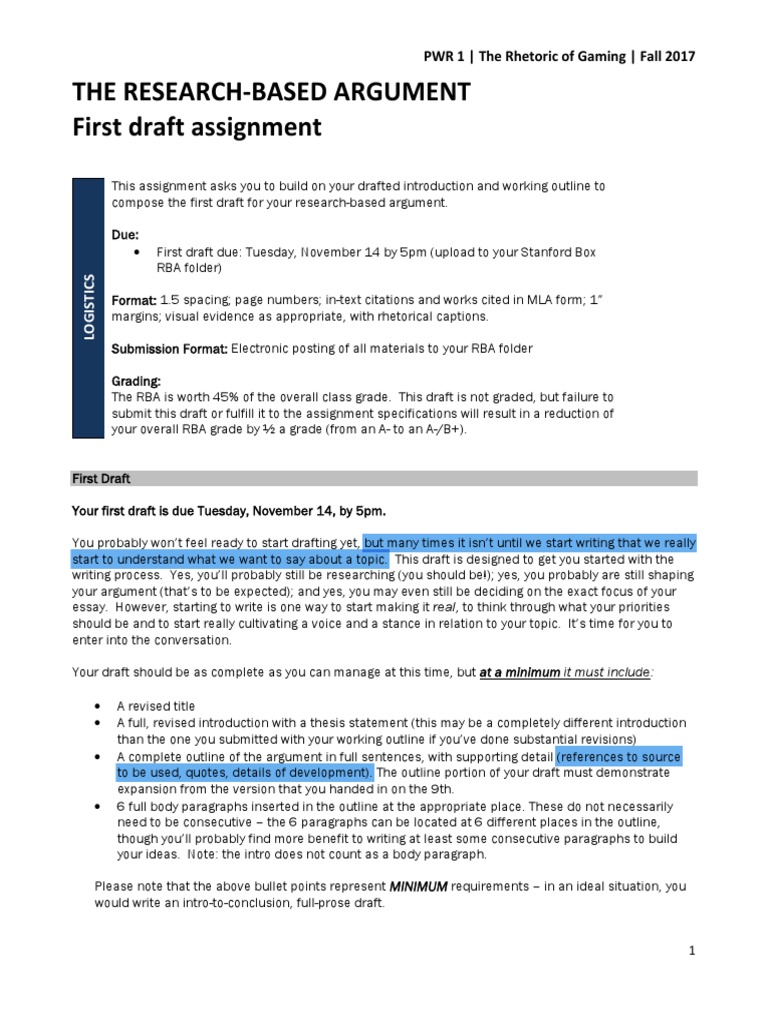 The Research-Based Argument First Draft Assignment: PWR 1 - The ...