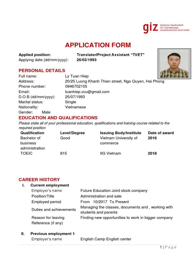 GIZ Application Form | PDF | Volunteering | Behavior Modification