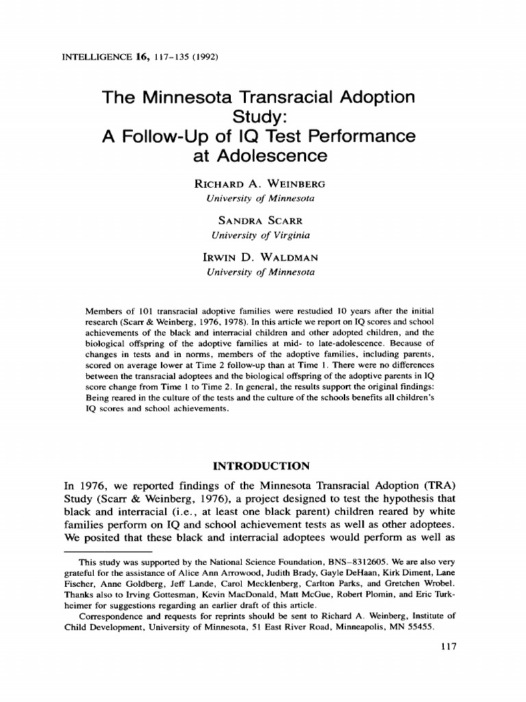 The Minnesota Transracial Adoption Study: A Follow-Up of IQ Test ...