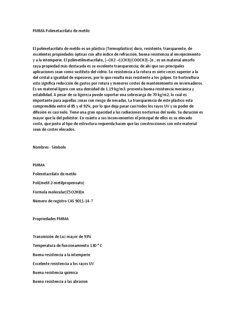 Pmma Polimetacrilato De Metilo Pdf Polimetacrilato De Metilo Química