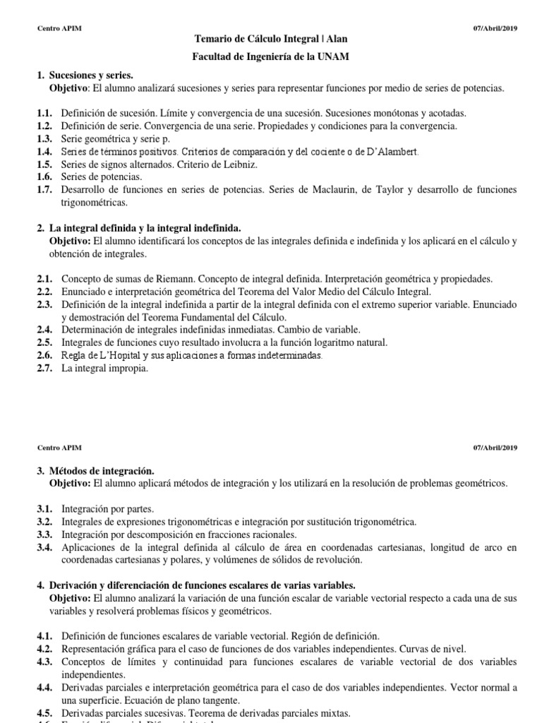 Temario de Cálculo Integral FI UNAM | PDF | Integral | Derivado