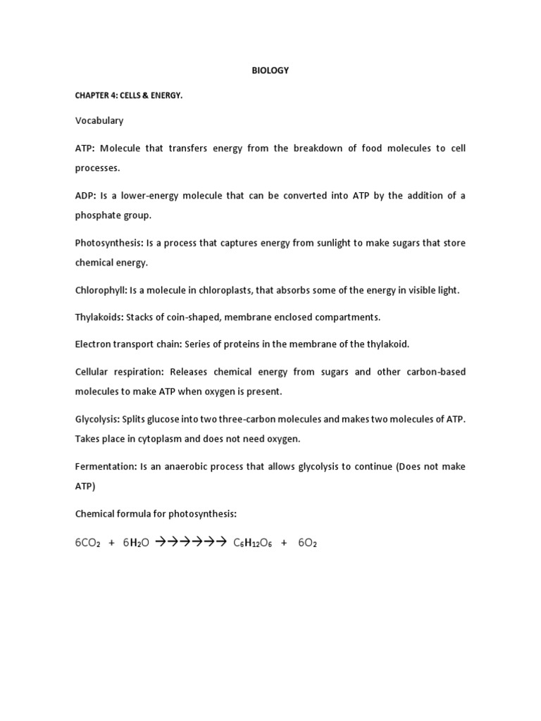 Chapter 4 Cells And Energy