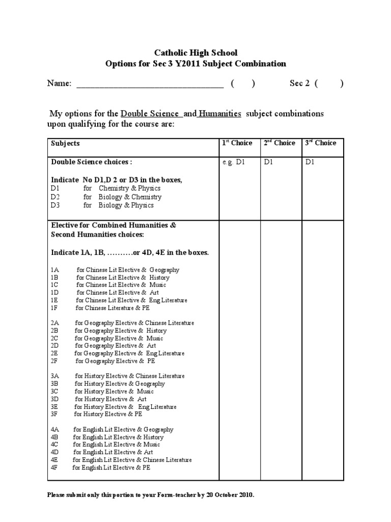 Catholic High School Secondary Three Subject Combination Options Form ...