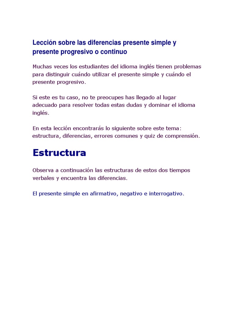 Lección Sobre Las Diferencias Presente Simple y Presente Progresivo o ...