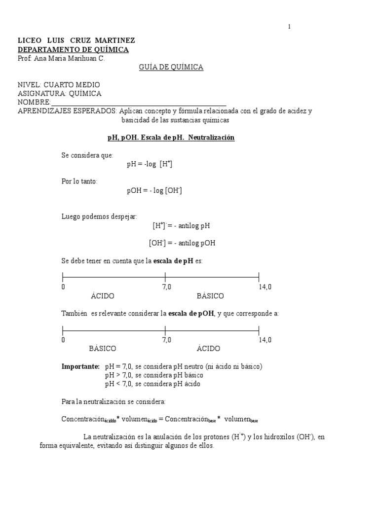Guía de química sobre pH, pOH y neutralización: conceptos y ejercicios prácticos de cálculo ...