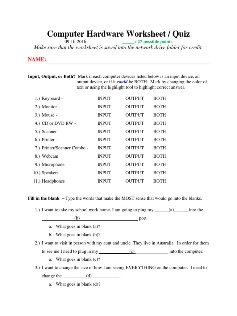 Computer Hardware Worksheet / Quiz: Make Sure That The Worksheet Is ...