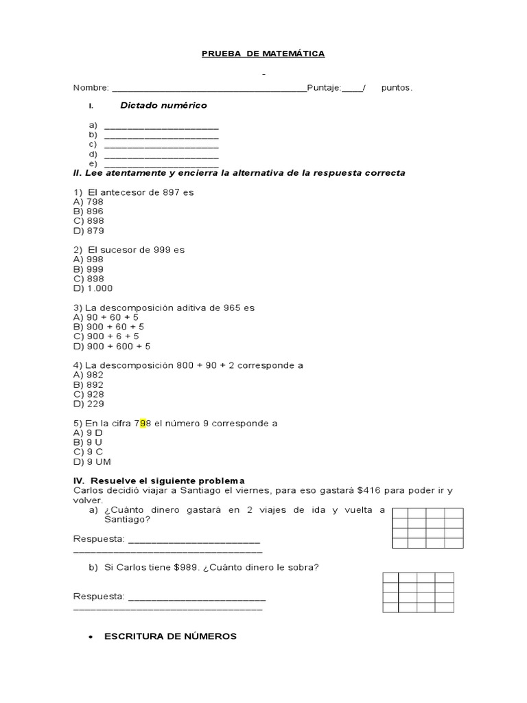 Prueba Numeros Hasta 1000 | PDF