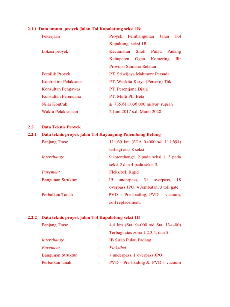 Data Umum Proyek Jalan Tol Kapalatung Seksi 1B | PDF
