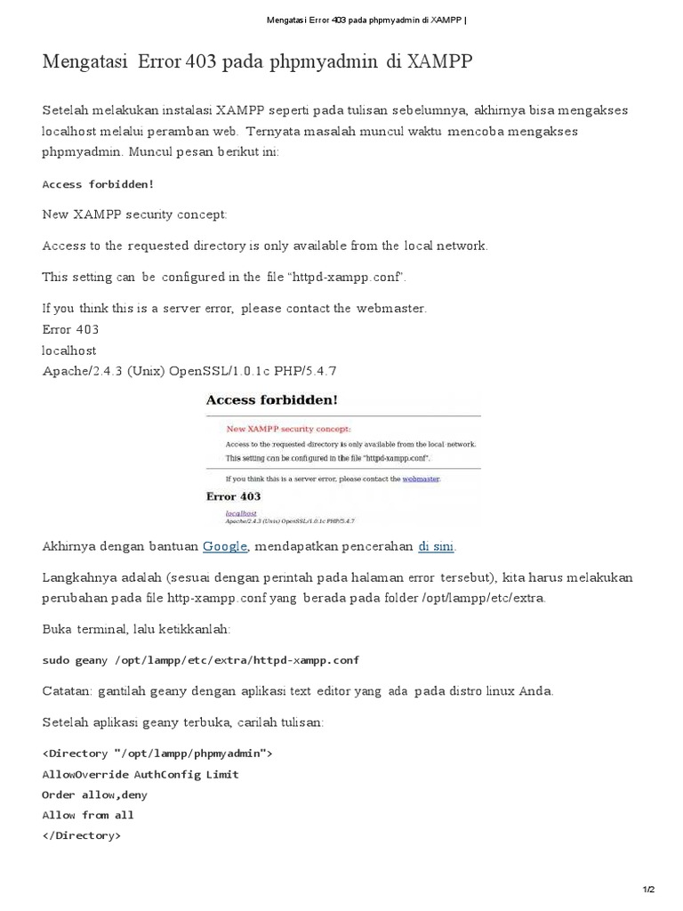 Mengatasi Error 403 Pada Phpmyadmin Di XAMPP | PDF
