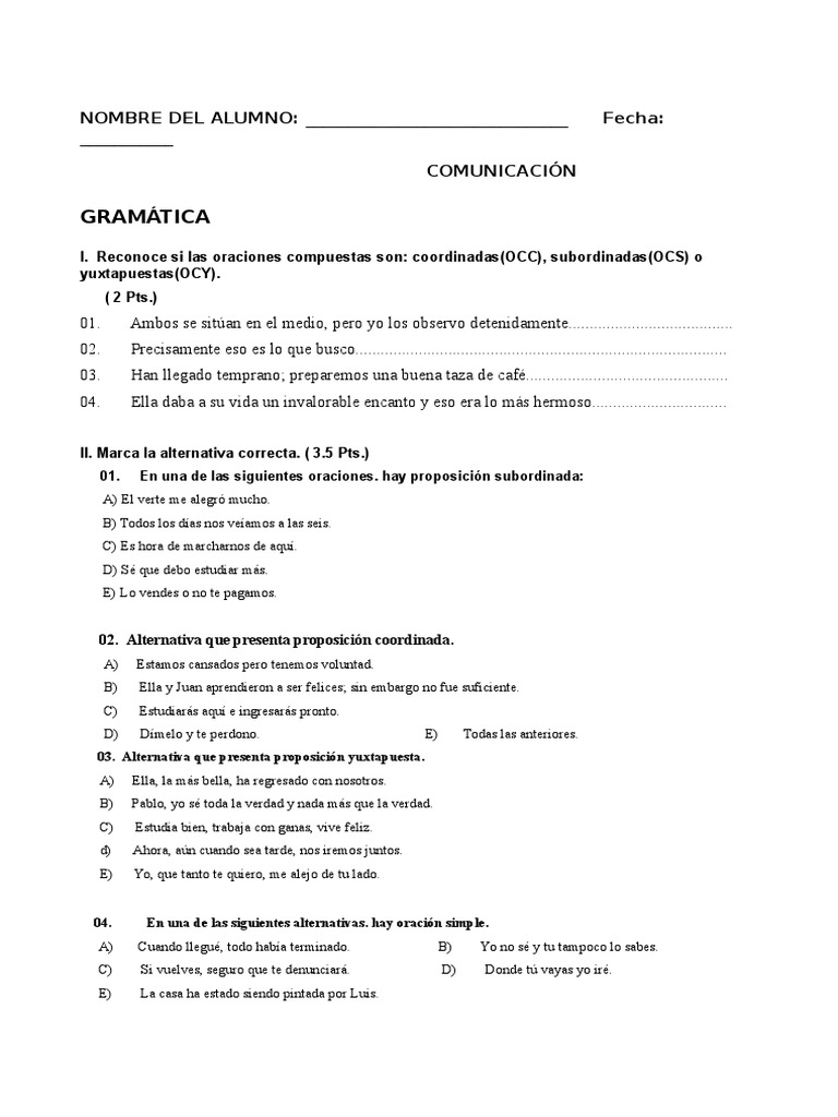 Ejercicio de Gramática: Oraciones Compuestas | PDF | Oración (Lingüística)