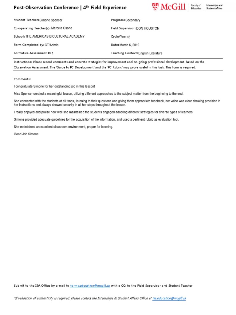 Post-Observation 1 Simone Spencer | PDF | Educational Assessment | Teachers