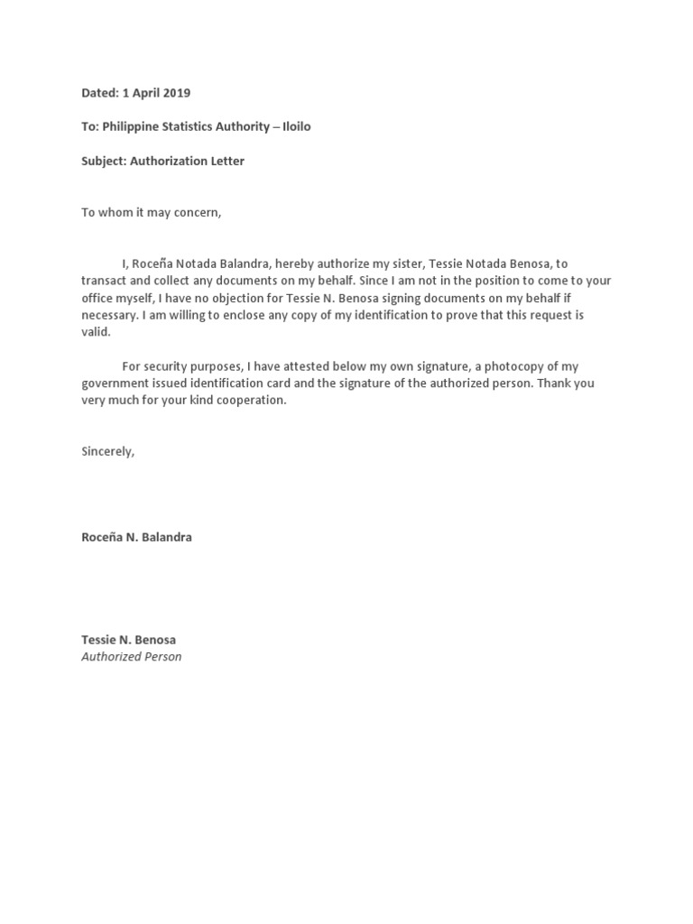 Dated: 1 April 2019 To: Philippine Statistics Authority - Iloilo Subject: Authorization Letter ...