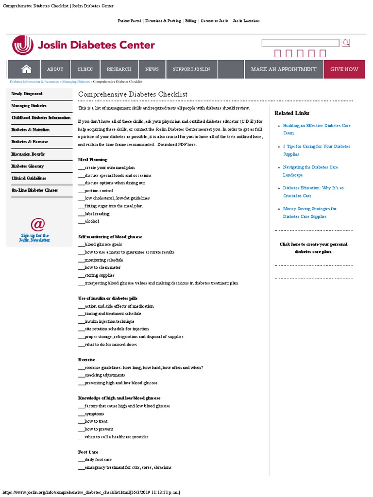 Comprehensive Diabetes Checklist Joslin Diabetes Center | PDF ...