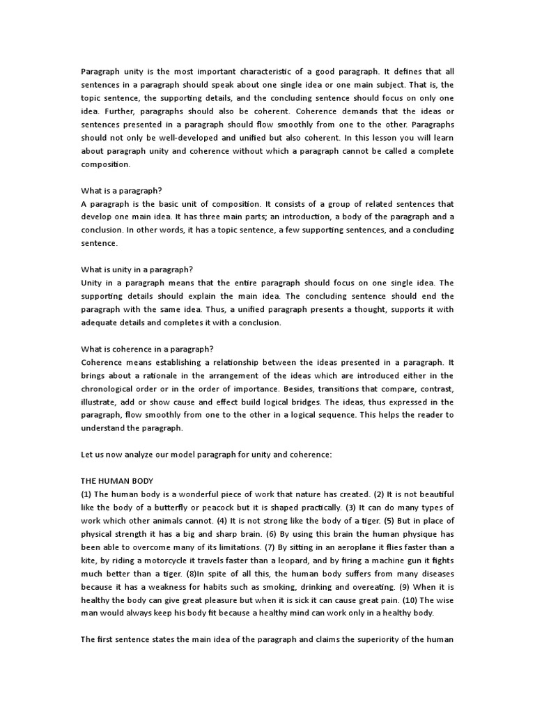 Paragraph Unity and Coherence | PDF | Paragraph | Sentence (Linguistics)