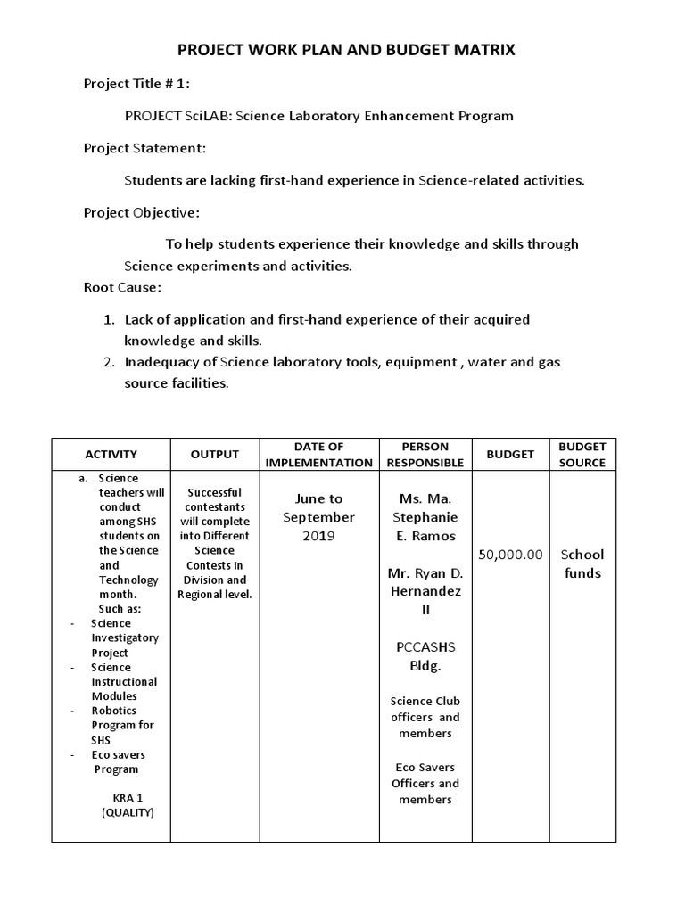 Science Project Work Plan and Budget Matrix | PDF | Change | Cognition