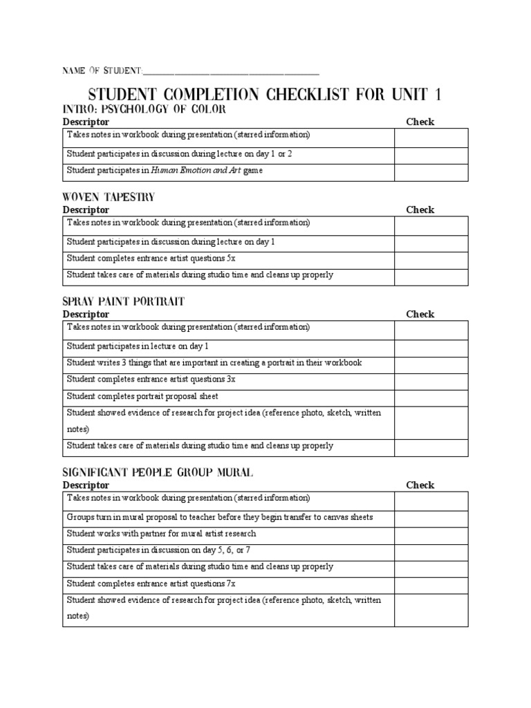 Unit 1 Student Completion Checklist | PDF | Art