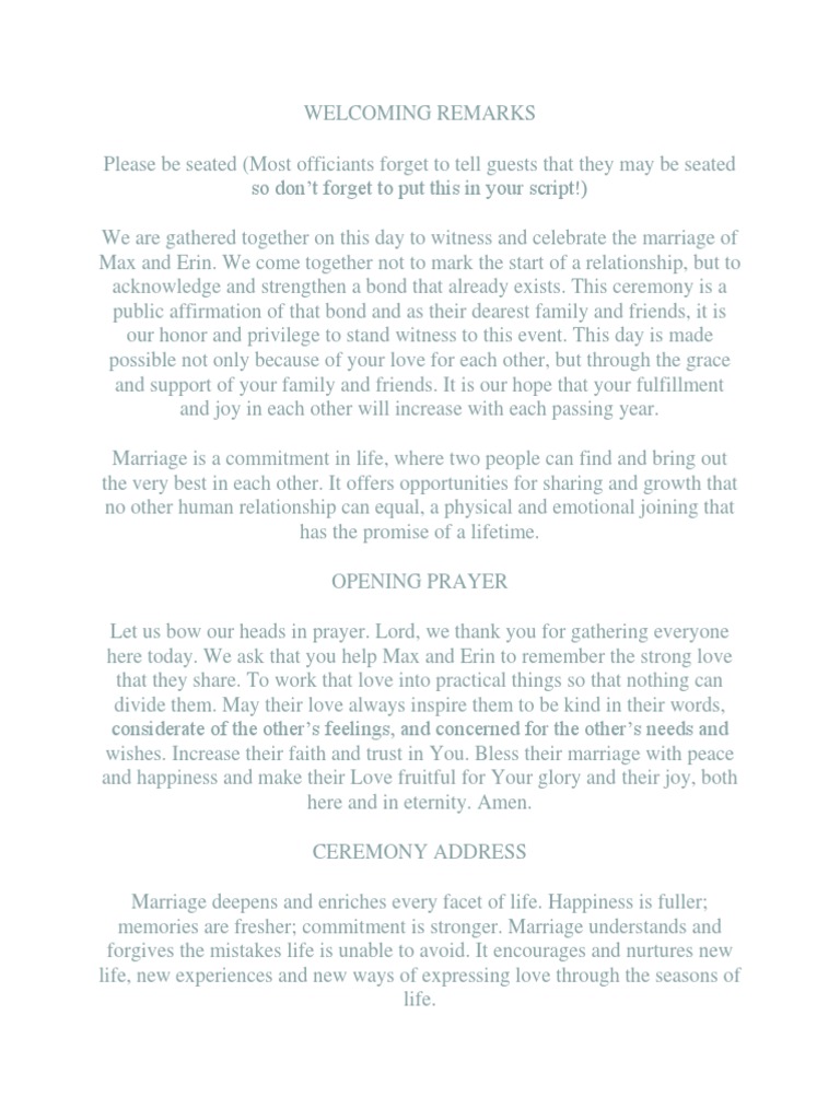 WELCOMING REMARKS Wedding Script | PDF | Marriage | Love