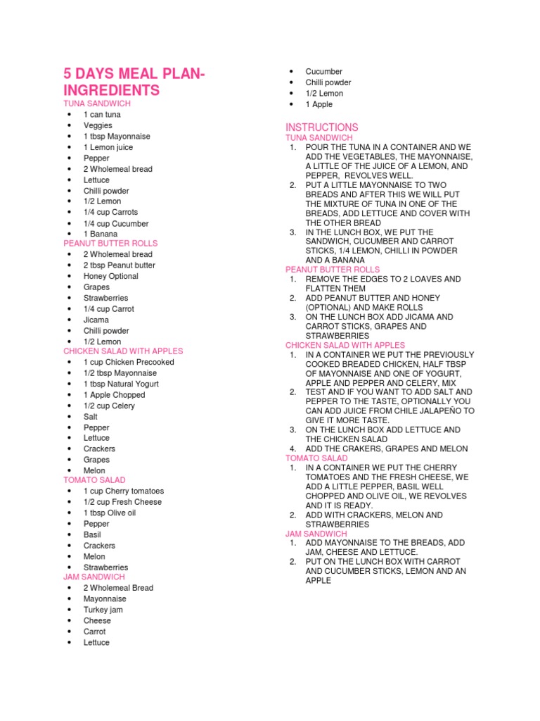 5 Days Meal Plan | Download Free PDF | Fruit Preserves | Salad