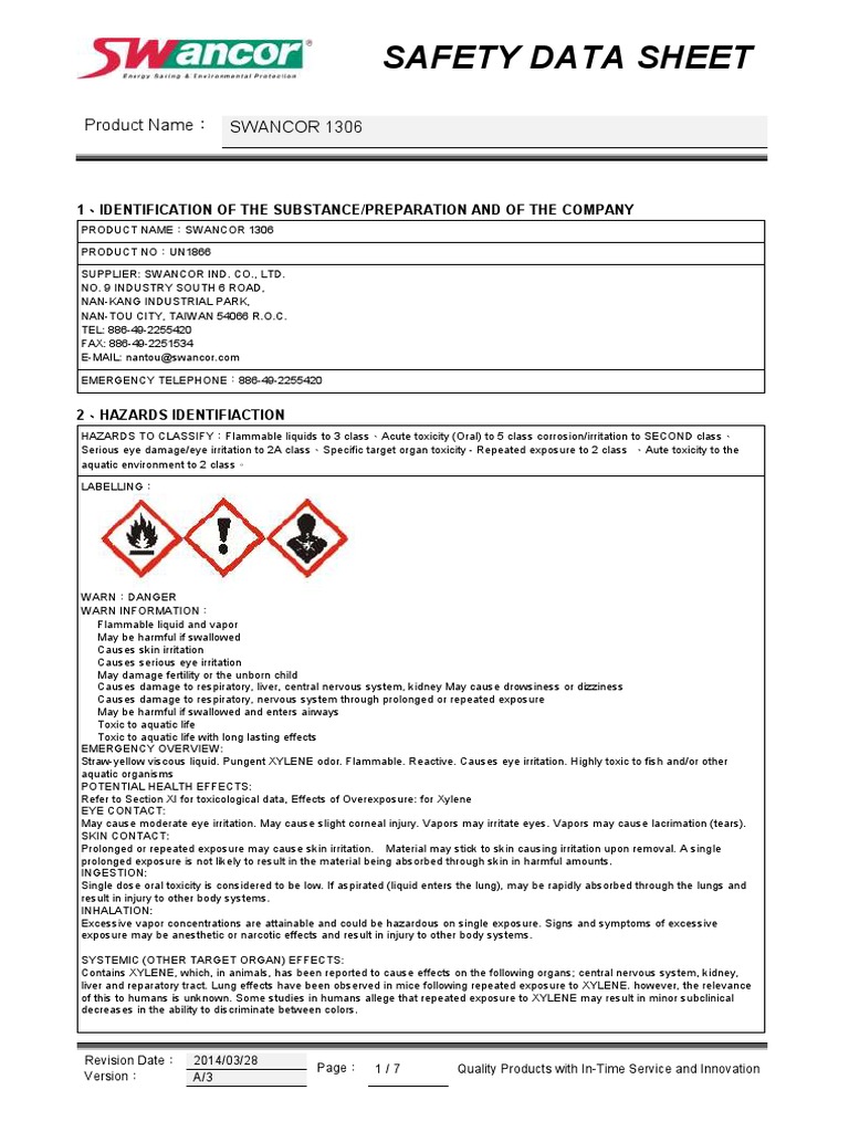 SWANCOR 1306 Safety Data Sheet | PDF | Toxicity | Fires