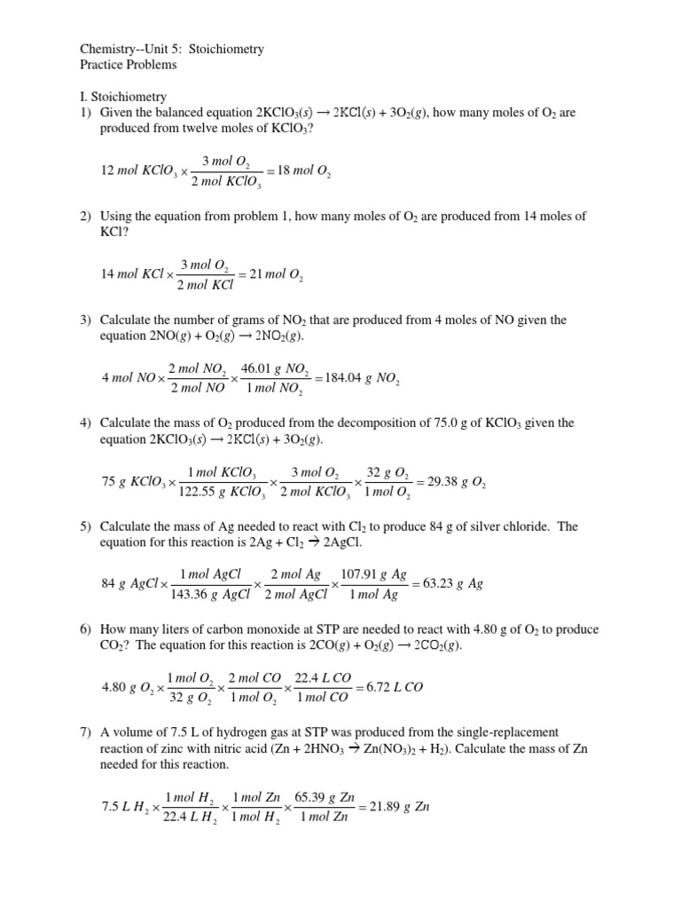 Unit 5 Stoichiometry Practice Problems | PDF | Molar Concentration ...