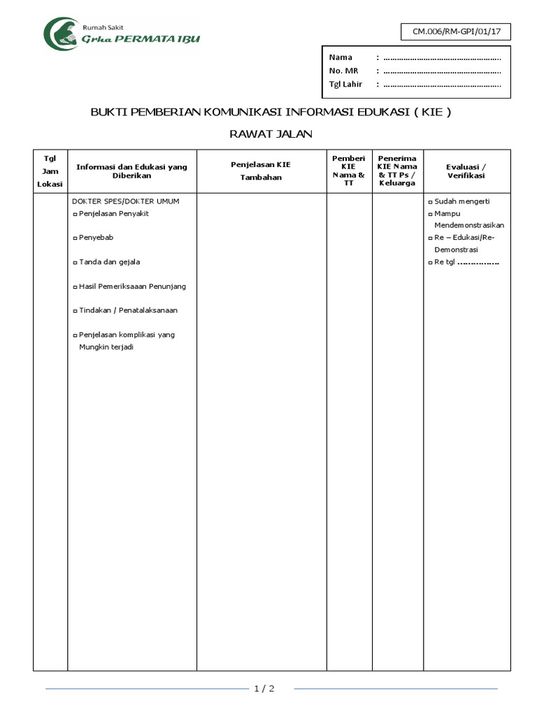 Cm. 006 Bukti Pemberian Komunikasi Informasi Edukasi (Kie) Rawat Jalan 17117 | PDF