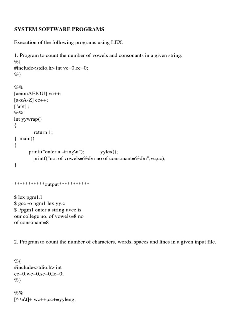 SYSTEM SOFTWARE PROGRAMS USING LEX AND YACC | PDF | Computer Standards | Computer Architecture