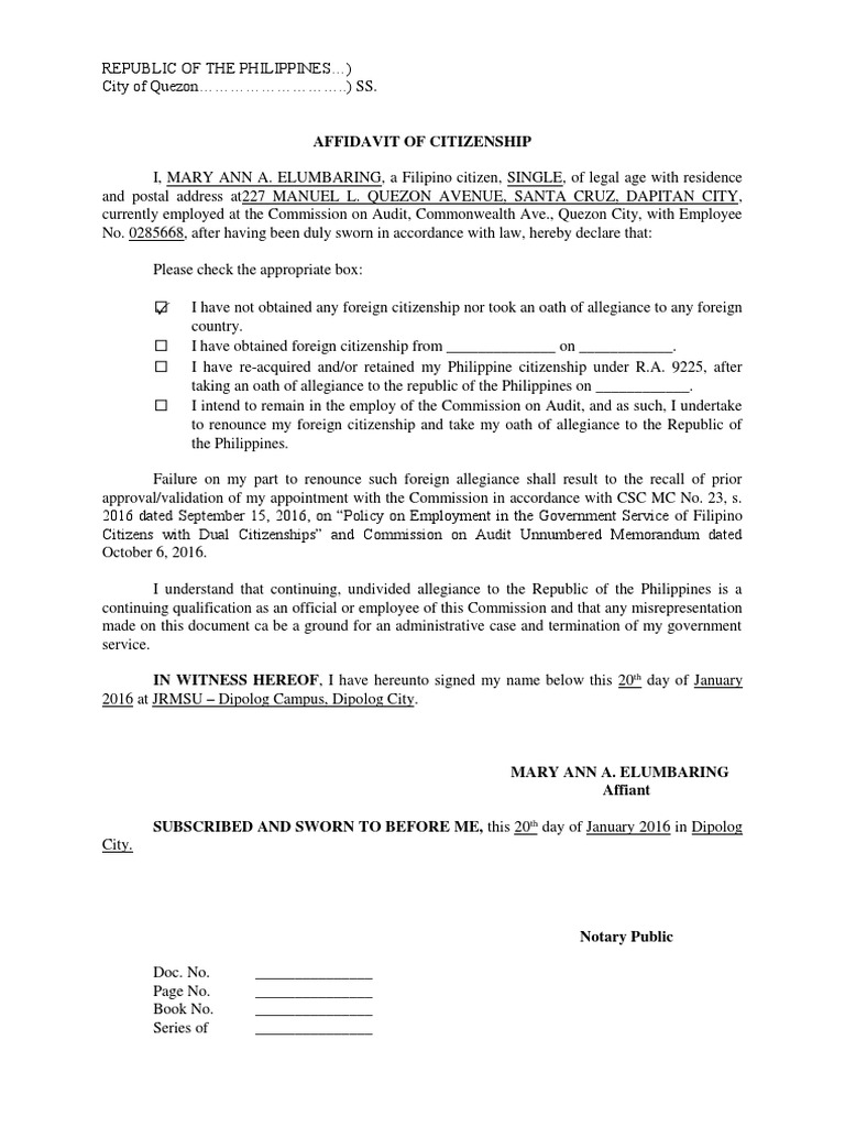 Affidavit of Citizenship Status 20160120 | PDF | Affidavit ...