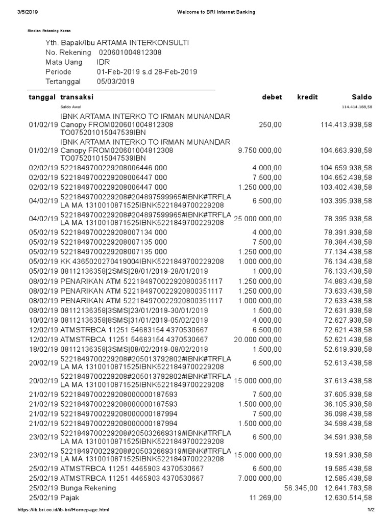 BRI Internet Banking Account Statement | PDF | Business | Finance ...