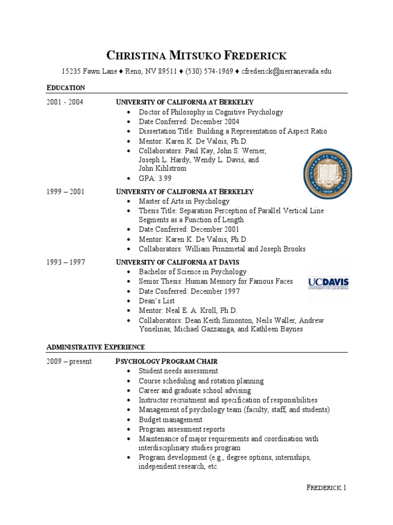 Christina Frederick CV | PDF | Doctor Of Philosophy | Psychology