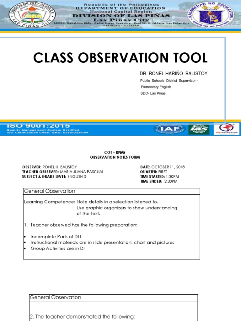 COT Observation Notes Sample 2023 | PDF | Teachers | Educational Technology
