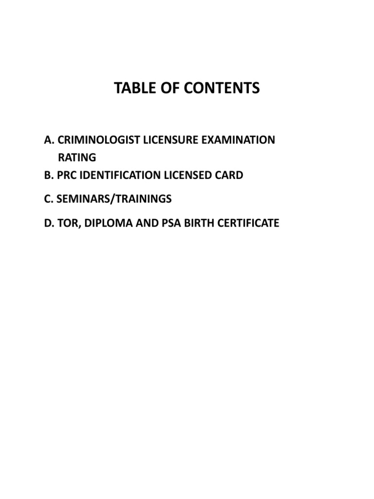 A. Criminologist Licensure Examination Rating B. PRC Identification ...