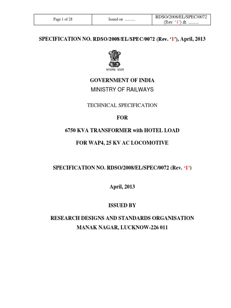 RDSO 2008 EL Spec 0072 Rev - 1 - Draft 30.04.13 | PDF | Train | Transformer